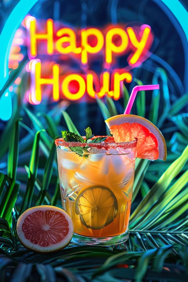Happy Hour Neon Sign Above a Refreshing Summer Drink Stock Photo ...
