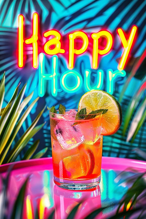 Happy Hour Neon Sign Above a Refreshing Summer Drink Stock Photo ...