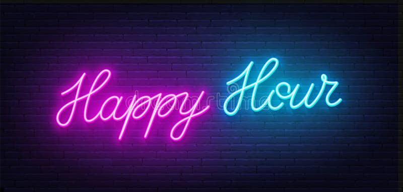 Happy Hour Neon Sign on Brick Wall Background. Stock Vector ...