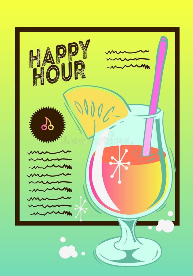 Happy Hour Poster Design with a Cocktail Glass on a Green and Yellow ...
