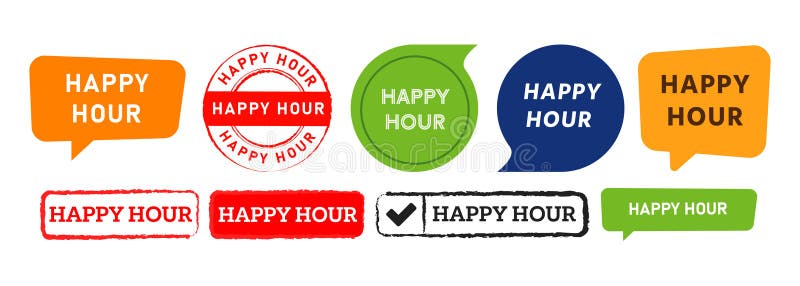 Happy Hour Rectangle Circle Stamp and Speech Bubble Label Sticker Sign ...