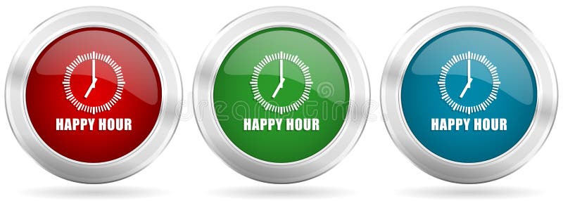 Happy Hour Vector Icon Set. Red, Blue and Green Silver Metallic Web ...