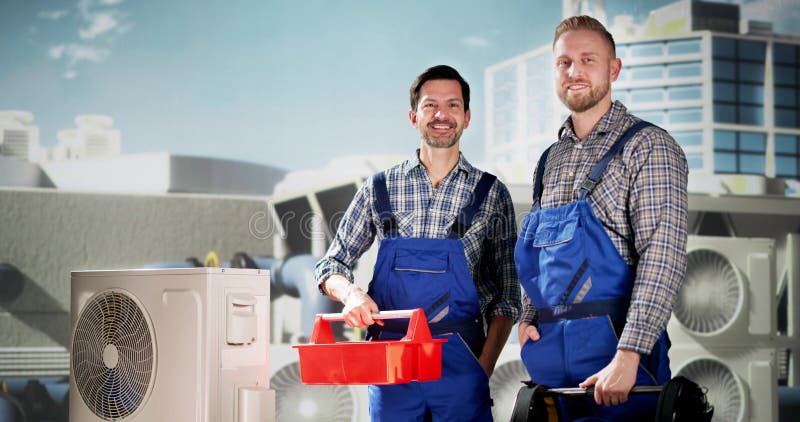 Happy HVAC Technicians. AC Installation Stock Photo - Image of outdoor ...