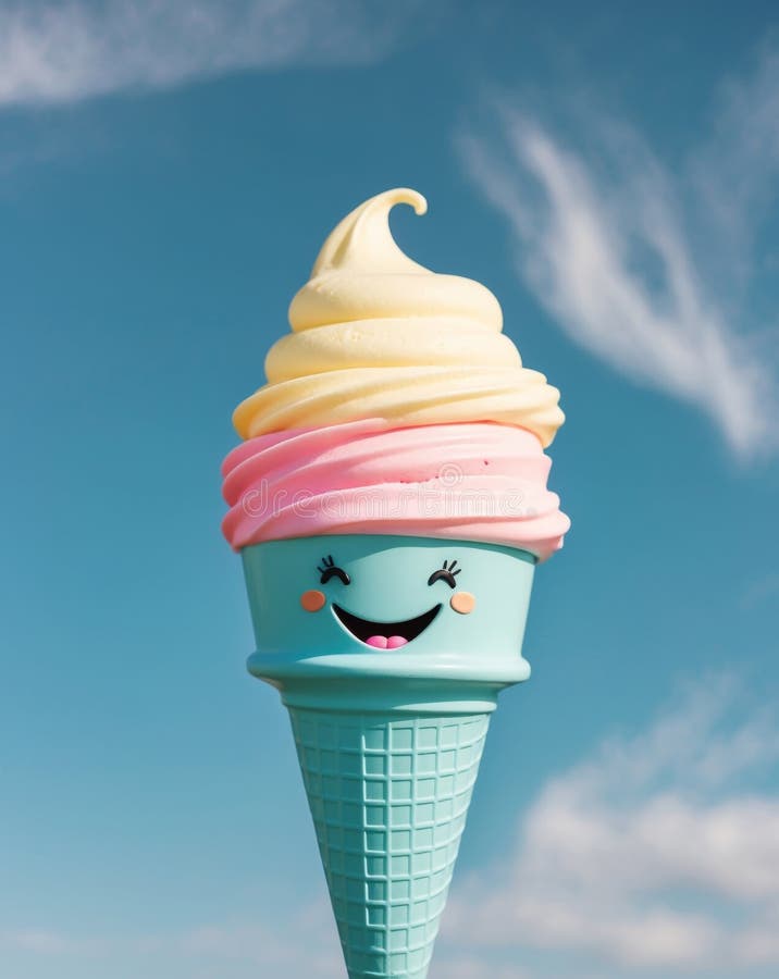 Happy Ice Cream Cone with Smiling Face on Blue Sky. Stock Image - Image ...