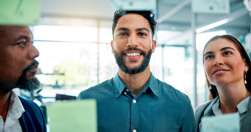 Happy, Ideas and Business People at Glass Wall with Collaboration ...