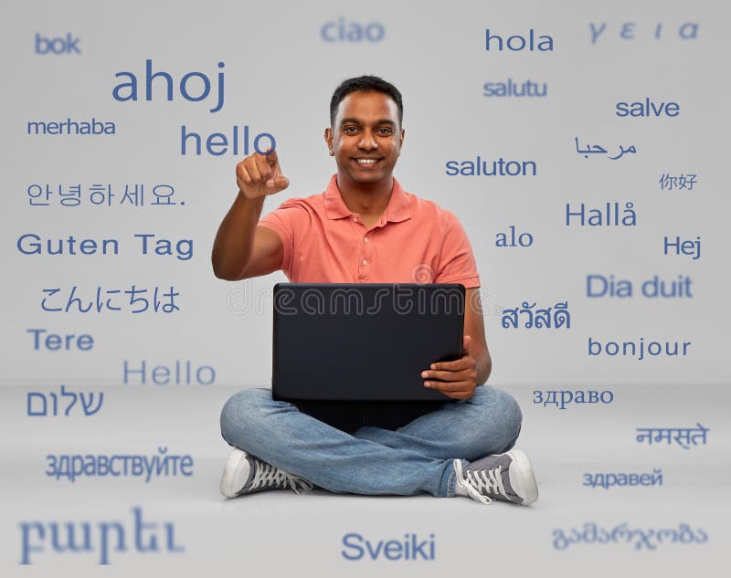 Happy Indian Man with Laptop Learning Languages Stock Photo - Image of ...