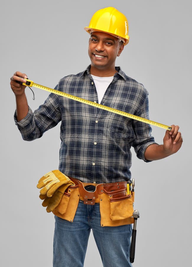 Happy Indian Worker or Builder with Ruler Stock Image - Image of ...