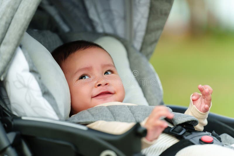 Happy Infant Baby Sitting in Stroller Stock Photo - Image of stroller ...