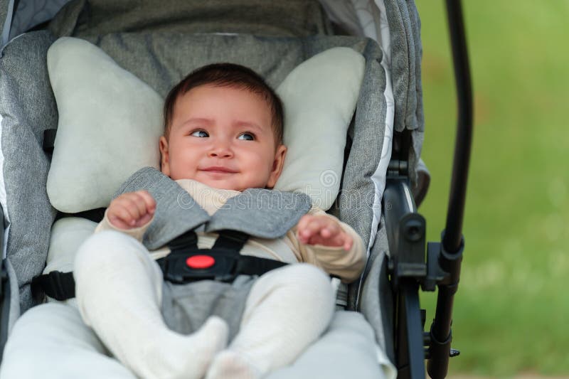 Happy Infant Baby Sitting in Stroller Stock Image - Image of family ...
