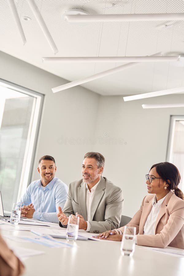 Happy International Executive Board Work Team Talking at Office Meeting ...