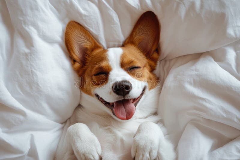 Happy Jack Russell Terrier Puppy Lying on Its Back Smiling on White Bed ...