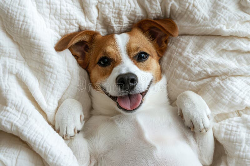 Happy Jack Russell Terrier Puppy Relaxing on Blanket Stock Photo ...