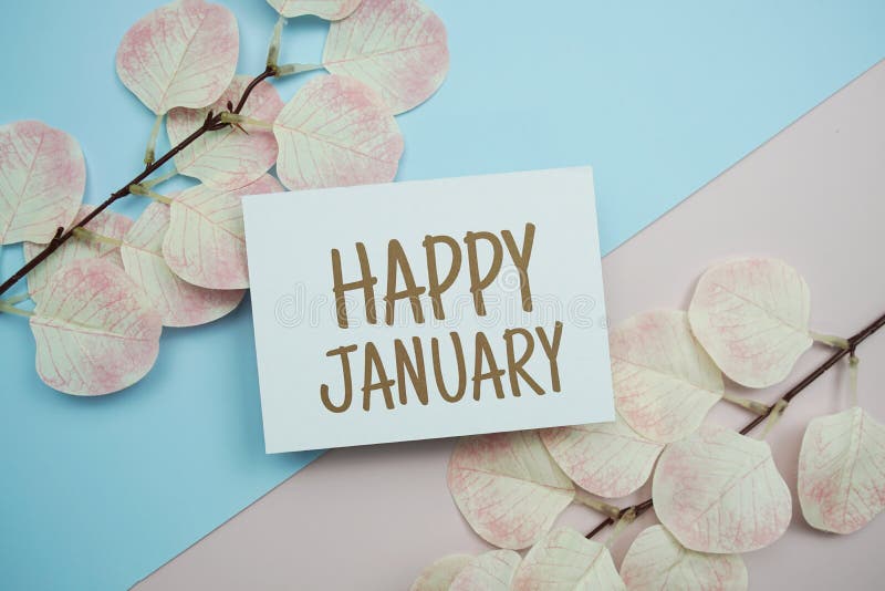 Happy January Text Message with Artificial Leave on Blue and Pink ...