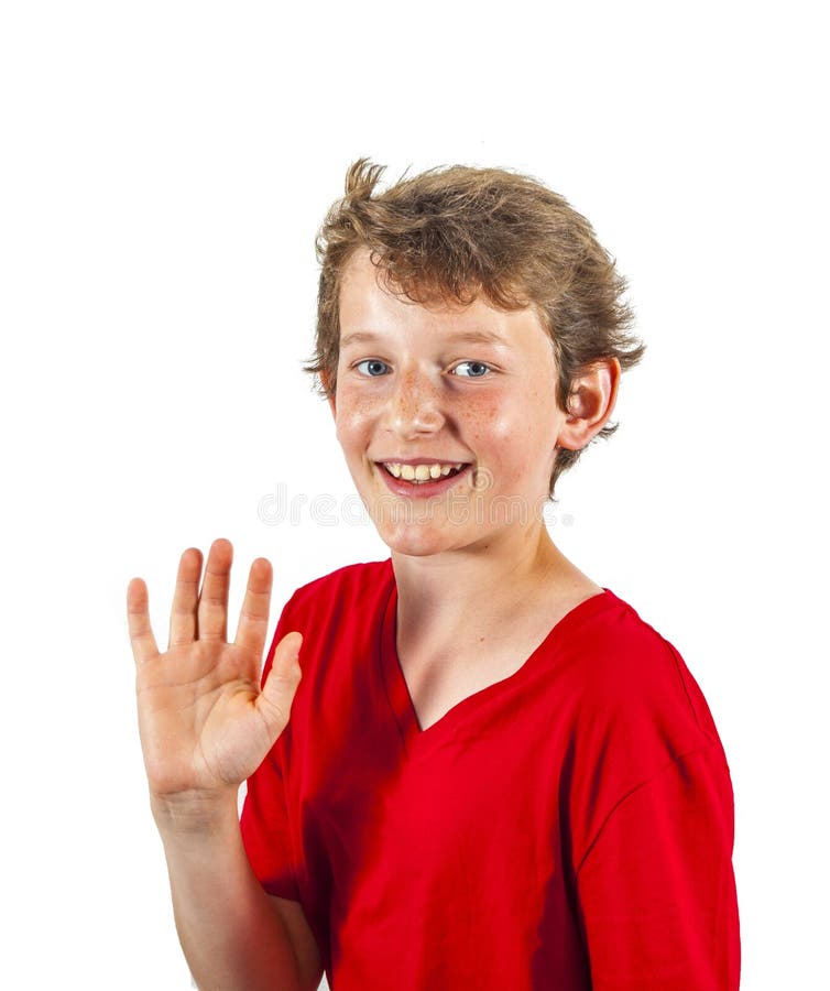 Happy Joyful Boy Gives Greeting Sign Stock Photos - Free & Royalty-Free ...