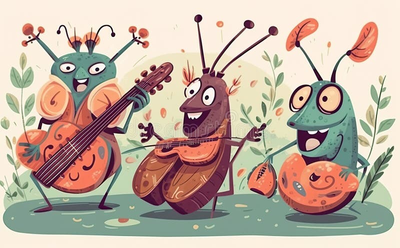 Happy and Joyful Insects Playing Musical Instruments. Stock ...