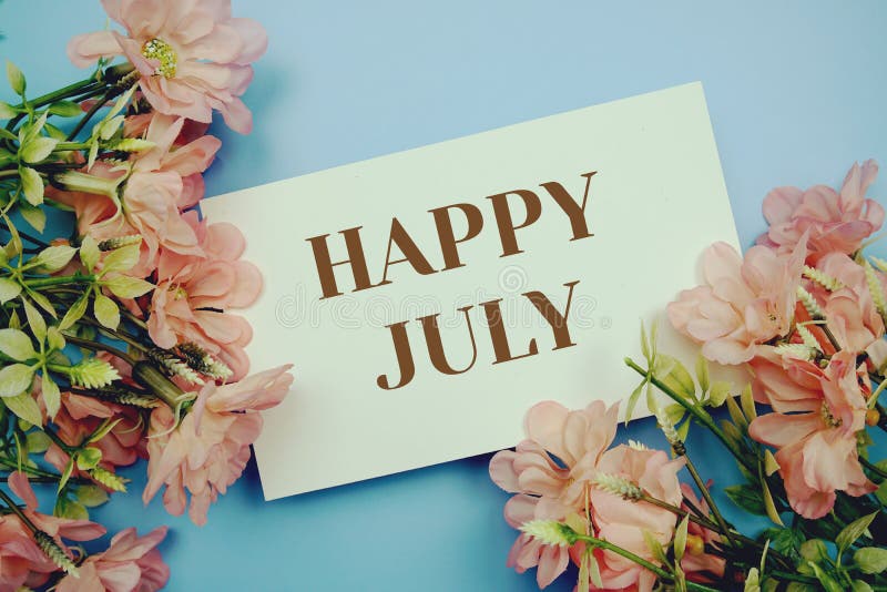 Happy July Text with Flower Frame on Blue Background Stock Photo ...
