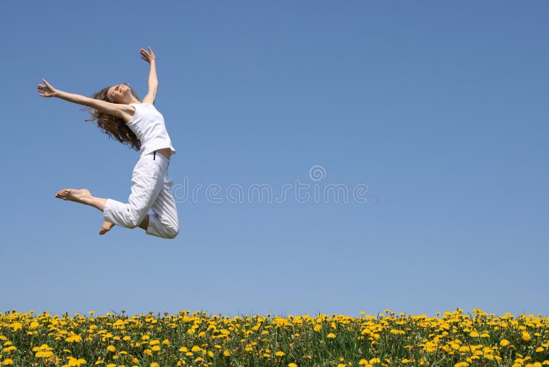 Happy jump stock image. Image of copy, girl, dandelion - 2573843