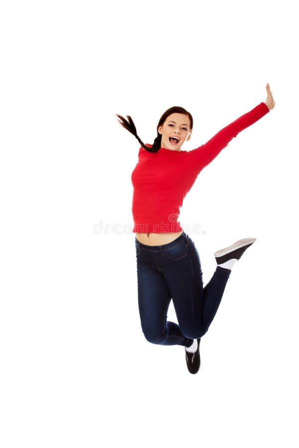 Happy Jumping Beautiful Young Woman Stock Photo - Image of celebrating ...