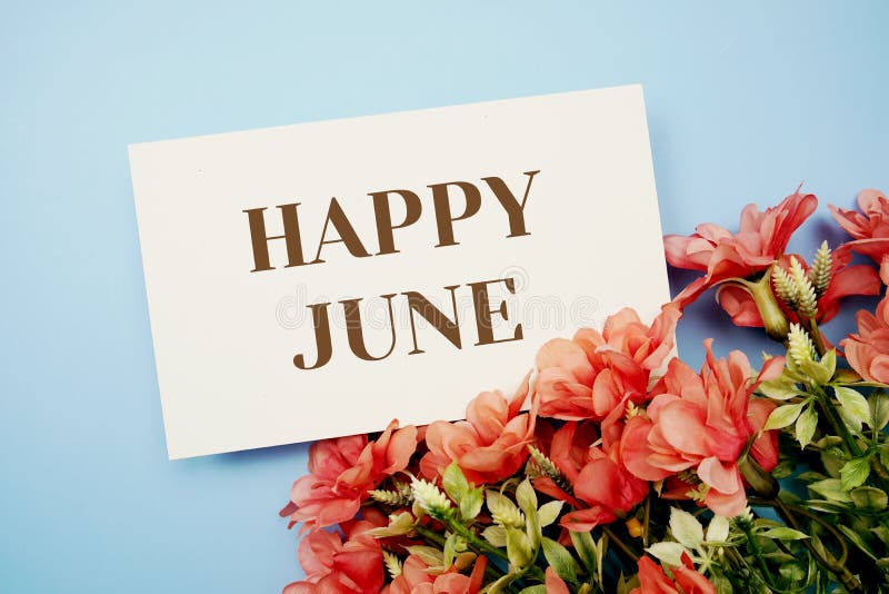 Happy June Text with Flower Frame on Blue Background Stock Photo ...
