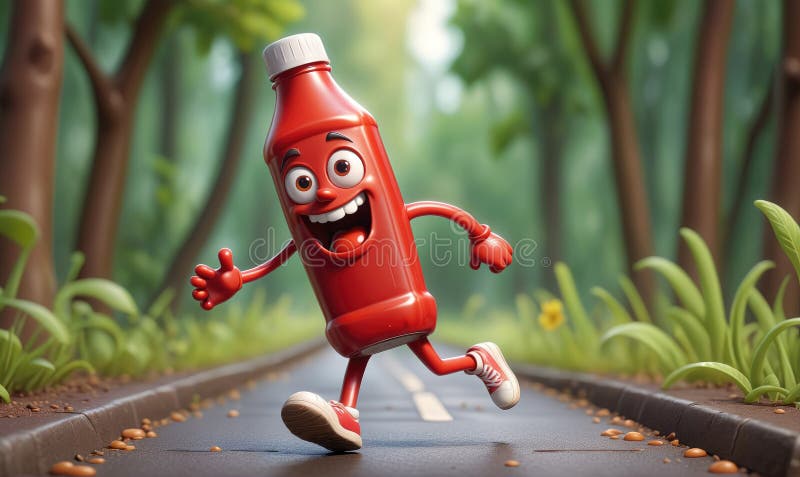 A Happy Ketchup Bottle Runs Down a Forest Path in the Afternoon Stock ...