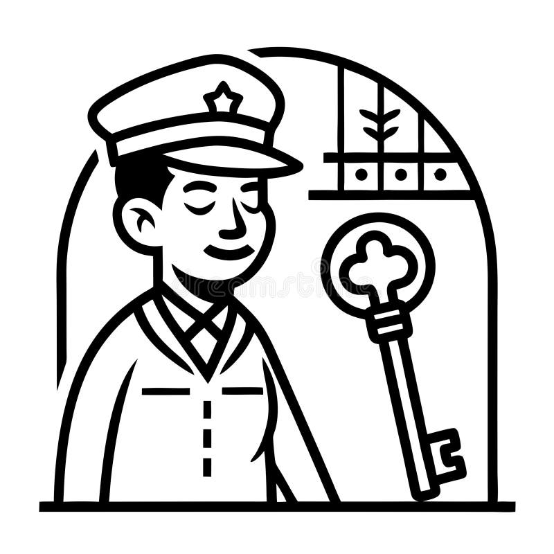 Happy Keymaster Presenting an Old Key in a Charming Line Art Style ...