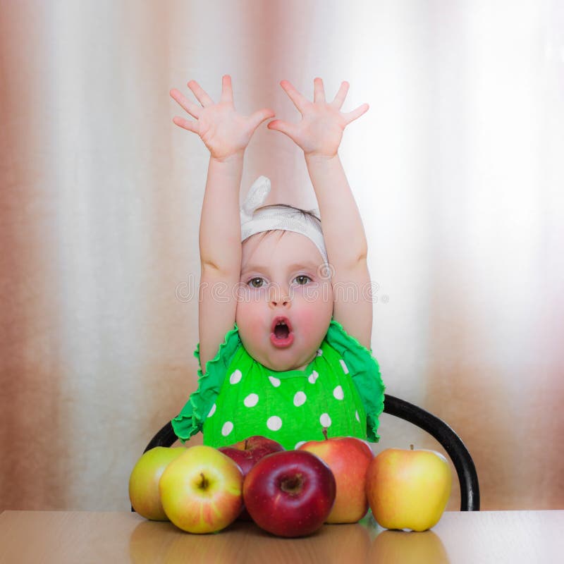 Happy Kid with apples. stock image. Image of cute, group - 31862125