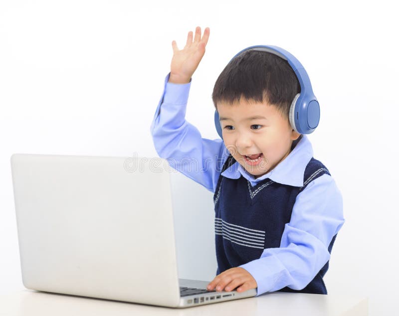 Happy Kid Boy Doing Homework Project on Laptop Stock Photo - Image of ...