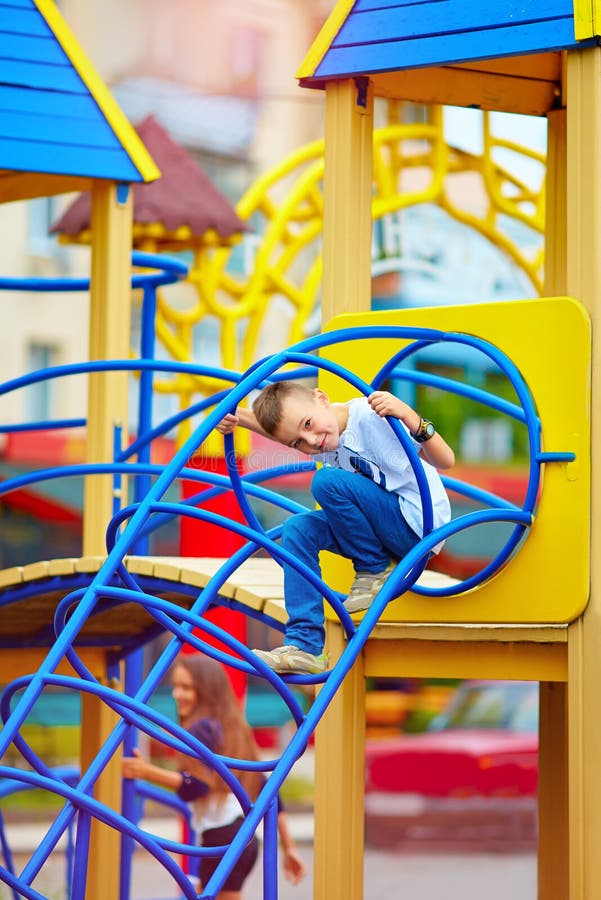 Group of Happy Kids Having Fun on Toy Castle, on Playground Stock Image ...