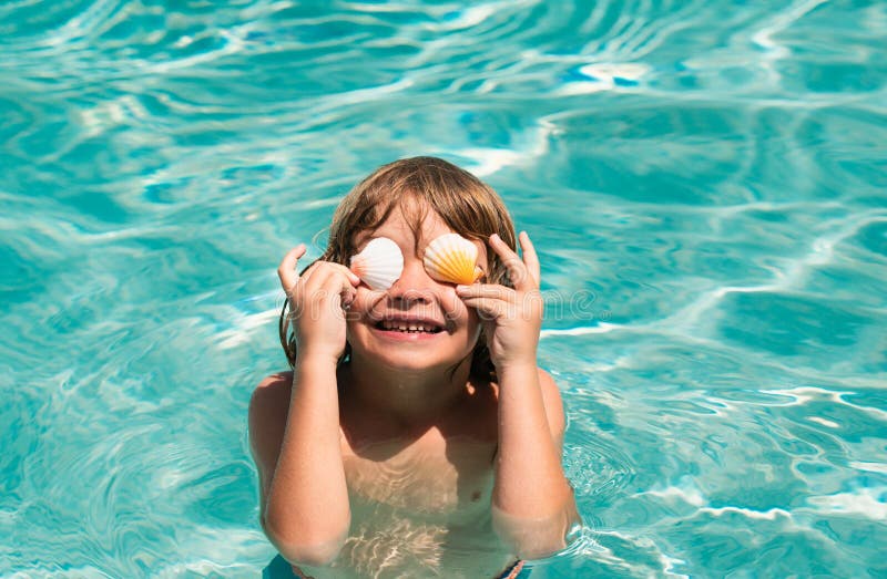 Happy Kid Boy Having Fun on Summer Pool. Covered Eyes with Shells ...