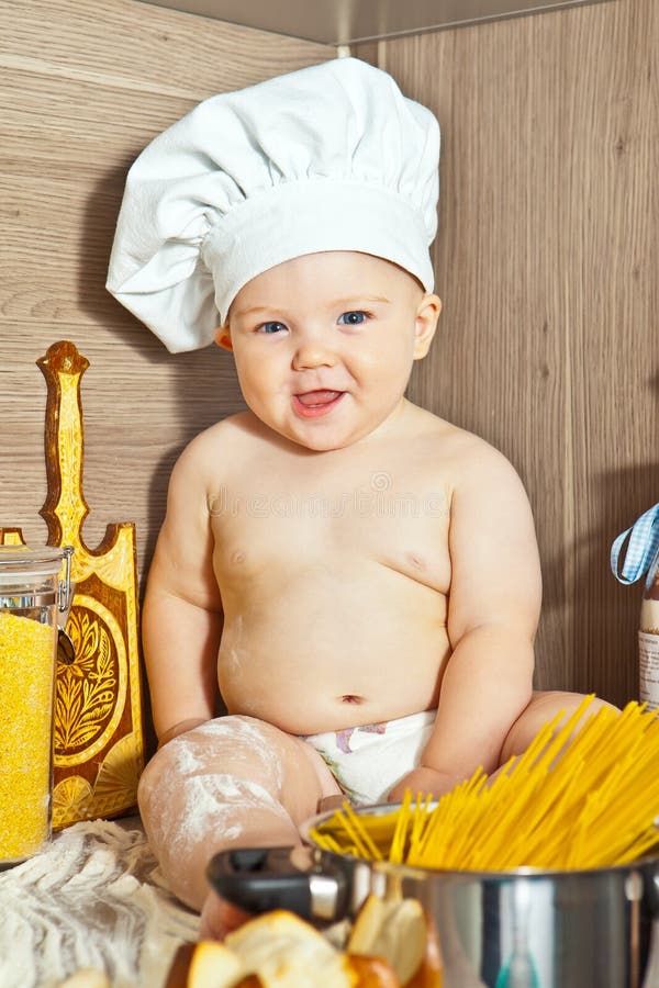 The Happy Kid the Chef Cook Cooks Food Stock Image - Image of ...