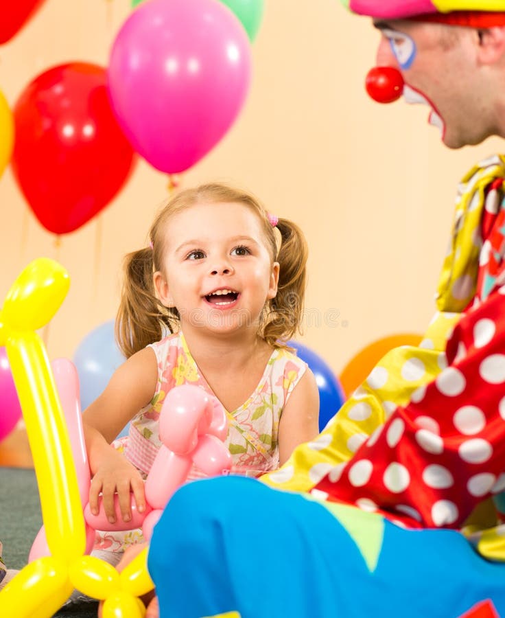 Happy Kid and Clown Play on Birthday Party Stock Photo - Image of ...