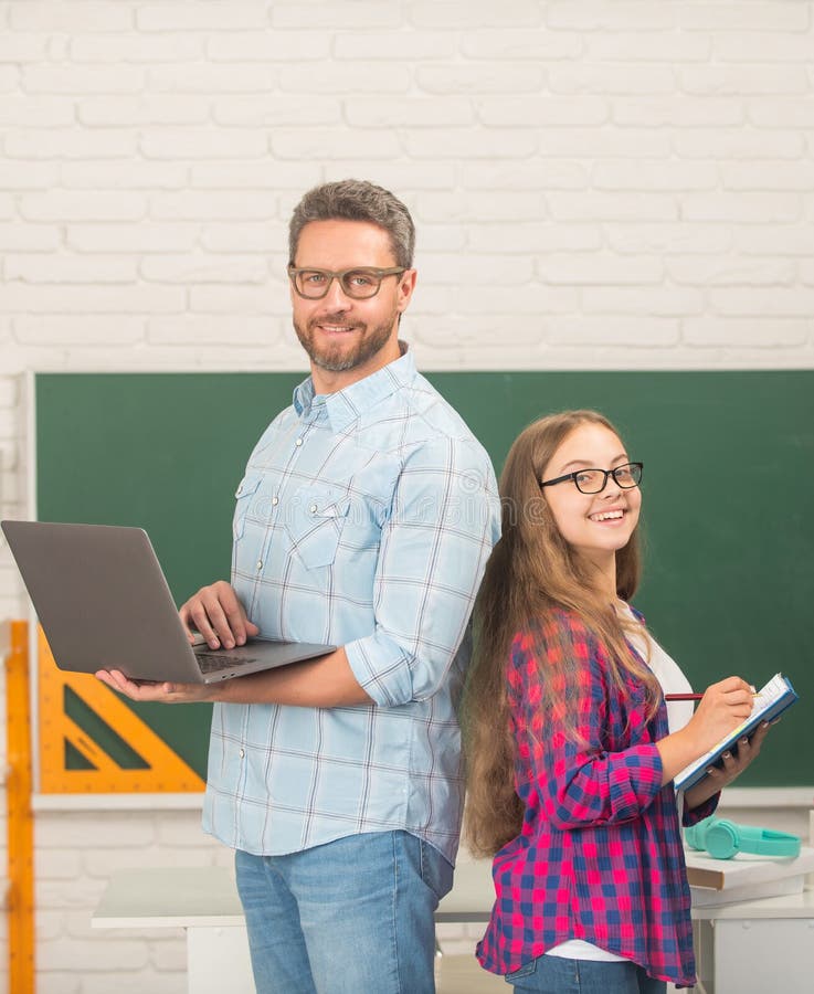 Kid and Dad in Classroom with Copybook at Blackboard, Education Stock ...