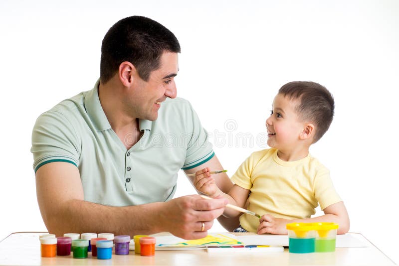 Happy Kid and Dad Paint Together Stock Image - Image of drawing, daddy ...