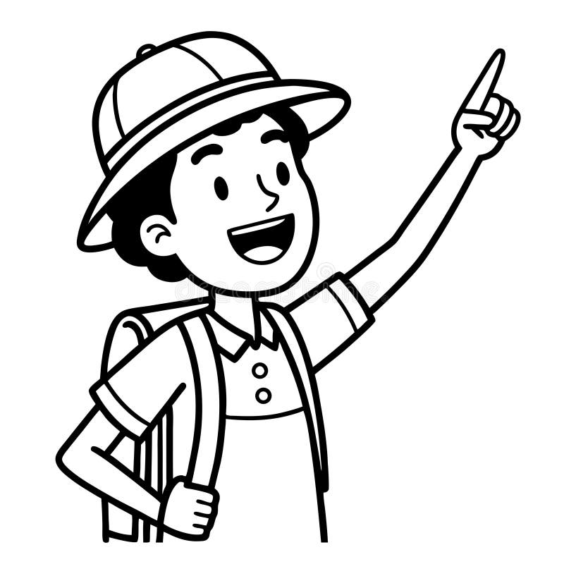 Happy Kid Explorer Pointing Up in Adventure Outfit with Backpack for ...