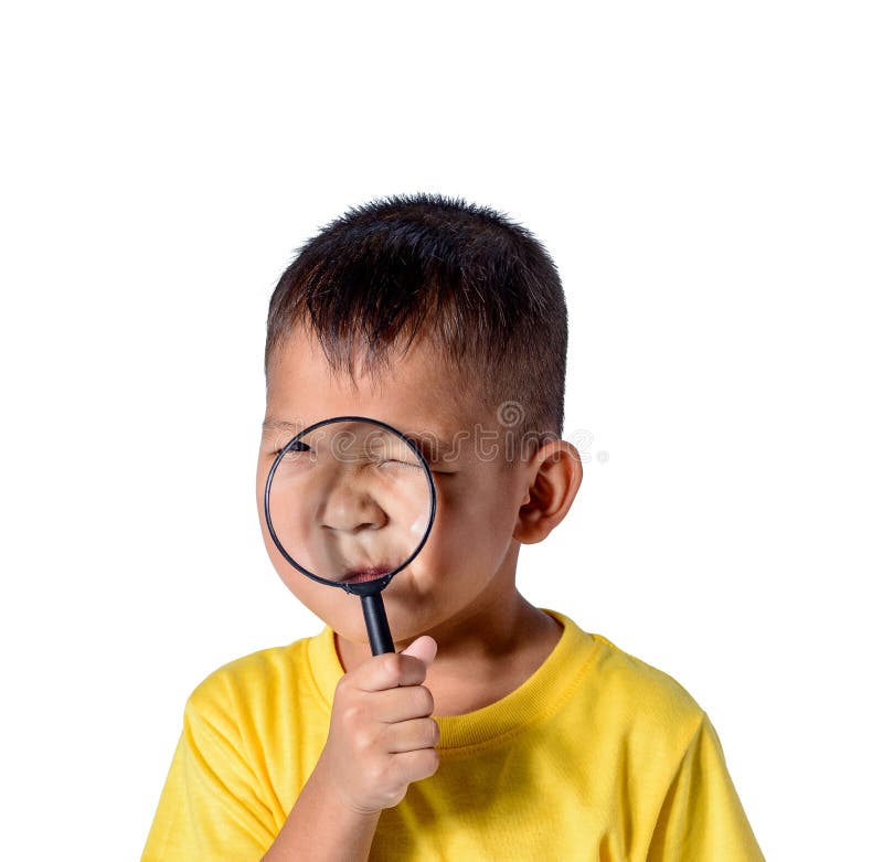Happy Kid Exploring With Magnifying Glass Isolated On White Background ...