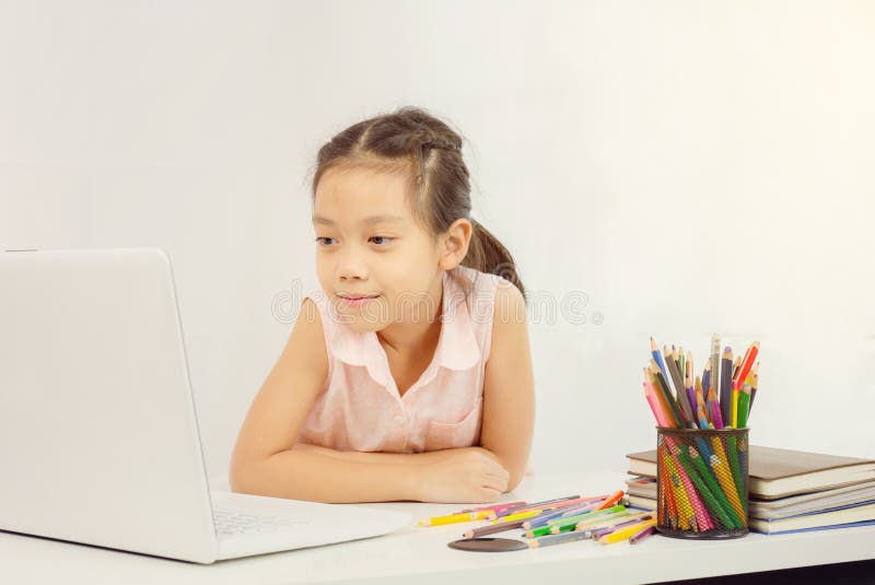 Happy Kid Girl Looking Laptop Computer Stock Photo - Image of happy ...