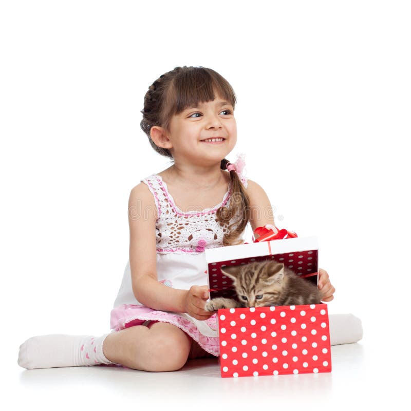Happy Kid Girl Opening Gift Box with Kitten Stock Photo - Image of ...