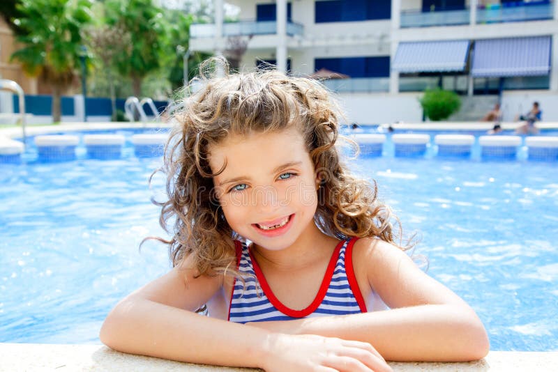 Happy Kid Girl Smiling at Swimming Pool Stock Photo - Image of female ...