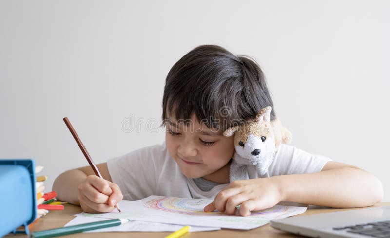 Happy Kid Having Fun Watching Cartoon on Computer, Child Using Digital ...