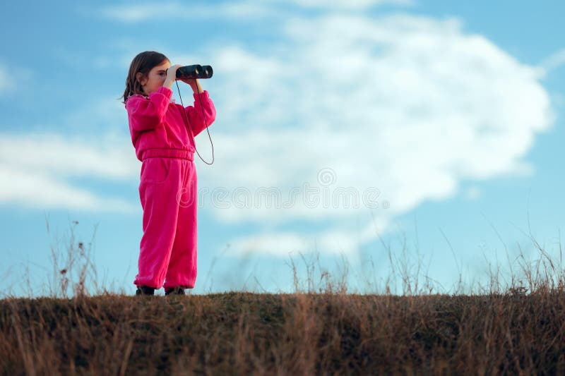Happy Kid Looking into the Distance with Binoculars Stock Photo - Image ...