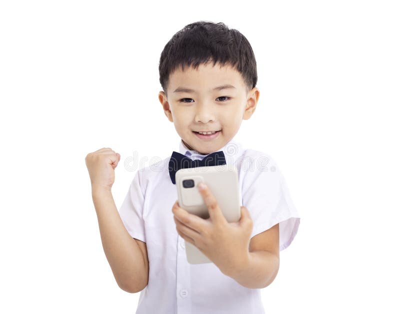 Happy Kid Looking at Smartphone Stock Photo - Image of little, school ...