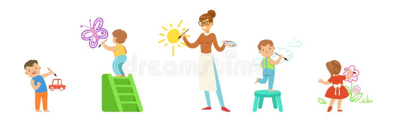 Happy Kid Painter Drawing with Color Enjoy Recreation Vector Set Stock ...