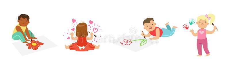 Happy Kid Painter Drawing with Color Enjoy Recreation Vector Set Stock ...