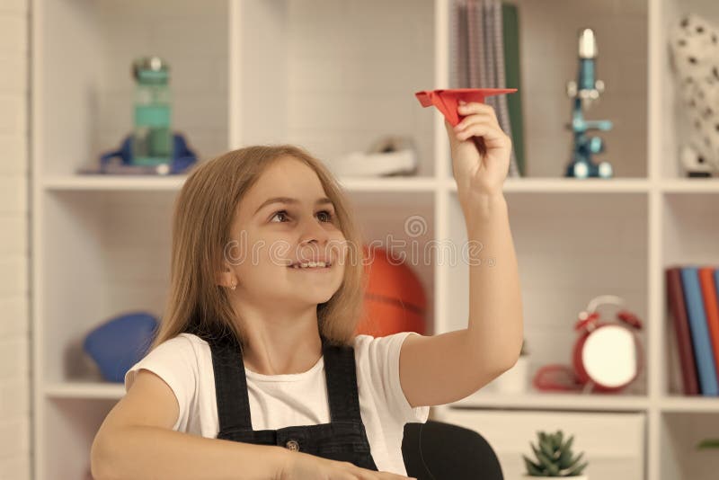 Happy Kid Play with Paper Plane in School Classroom Stock Image - Image ...