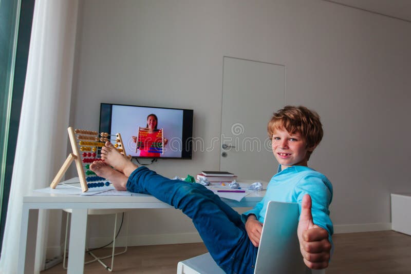 Happy Kid Relax during Online Lesson, Difficulty of Distant Learning ...