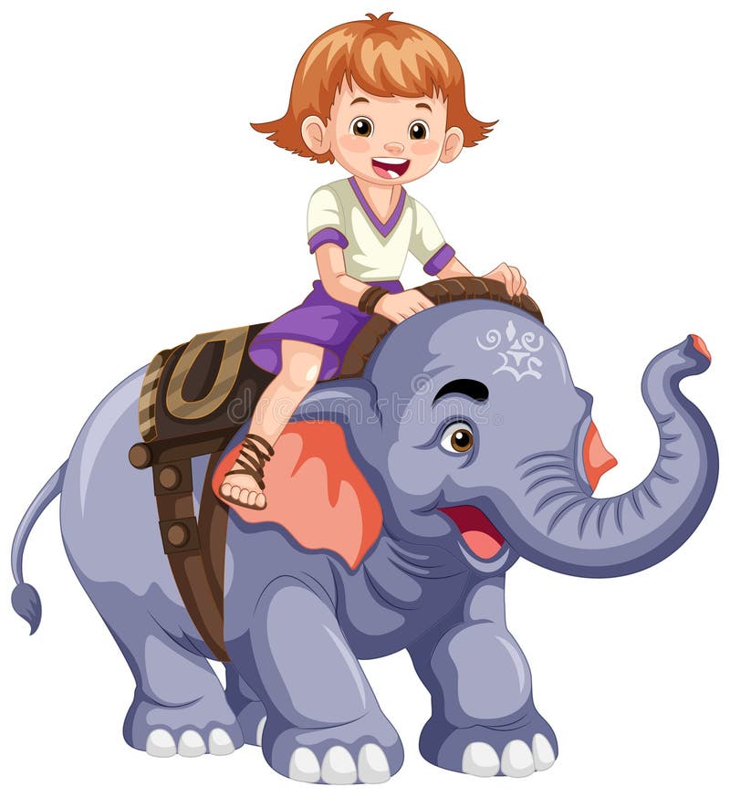 Happy Kid Riding Elephant in Cartoon Style Stock Illustration ...