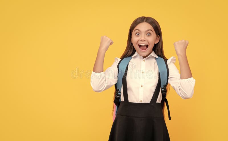 Happy Kid in School Uniform Carry Backpack Celebrating Success ...