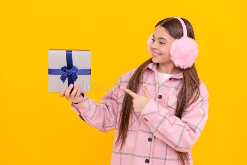 Happy Kid Smile Pointing Finger at Present Box Yellow Background, Gift ...