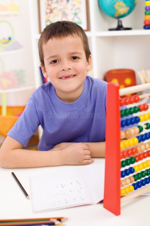 Happy Kid Solving Math Exercise Stock Photo - Image of exercise ...