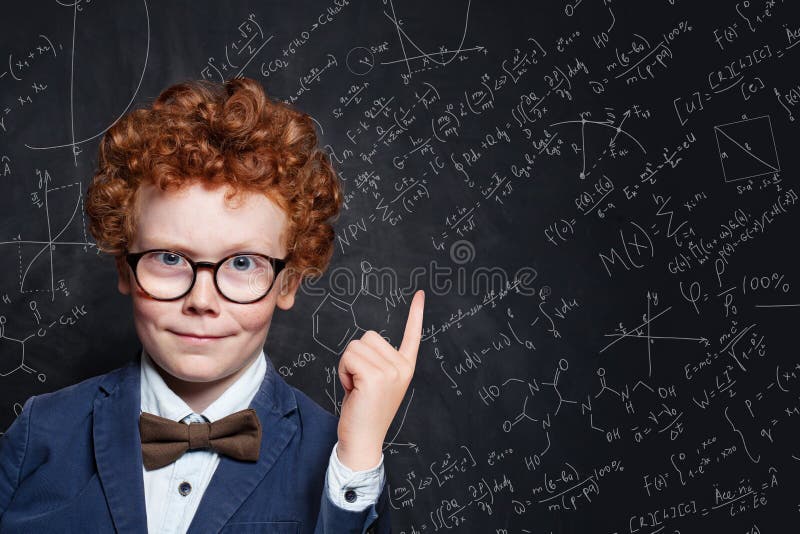 Happy Kid Student Pointing Up on Science Background Stock Photo - Image ...